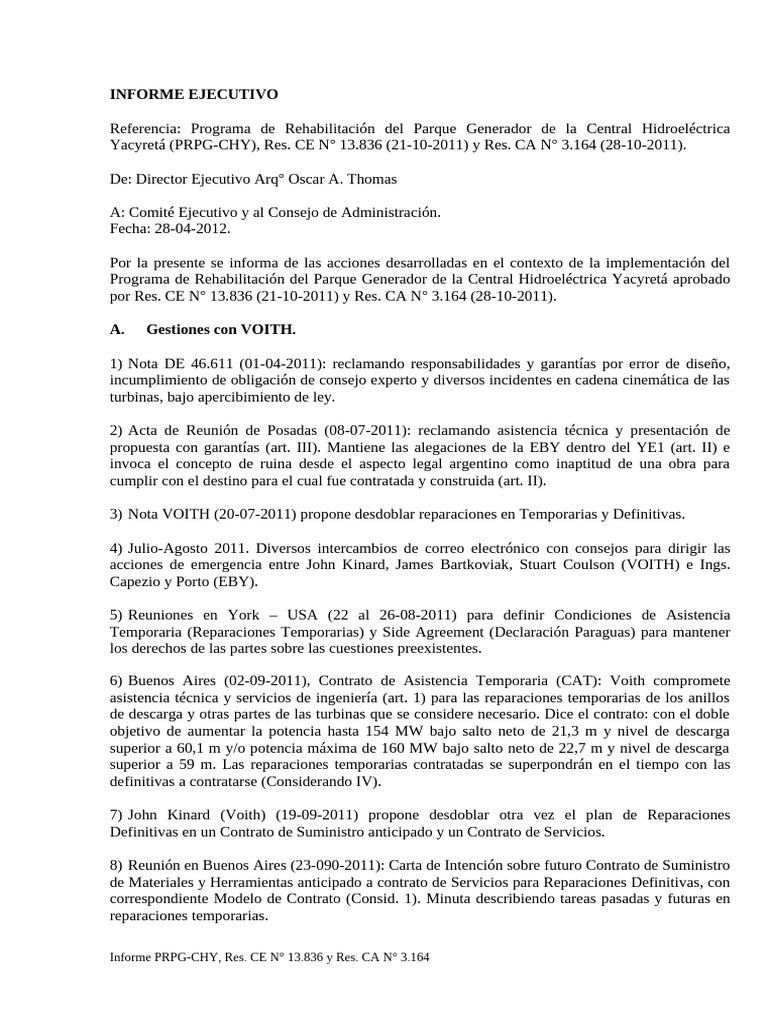 Informe Rehabil Turbinas CHY 30-05-2012 | PDF | Hormigón | Acero