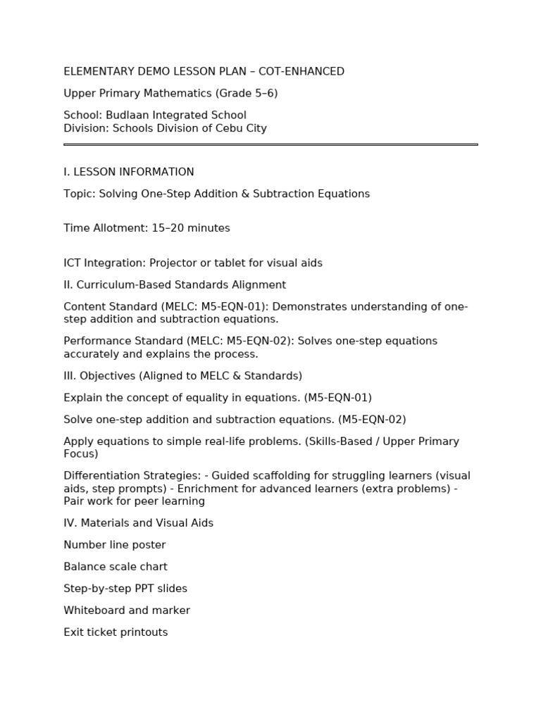 Grade 5 One-Step Equations Lesson Plan | PDF | Educational Technology ...