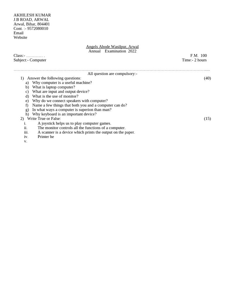 Annual Computer Exam Questions 2022 | PDF