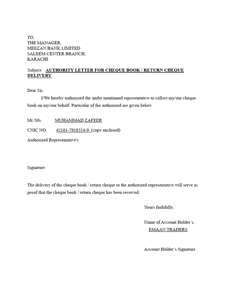 Authority Letter for Cheque Collection | PDF