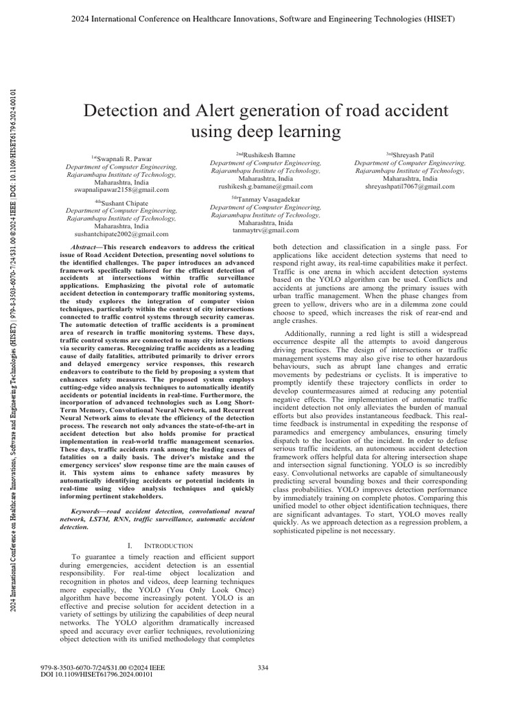 Detection and Alert Generation of Road Accident Using Deep Learning | PDF