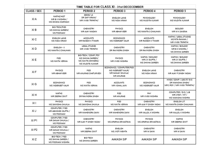 Time Table For Class Xi - 31st Dec - 31st Dec | PDF