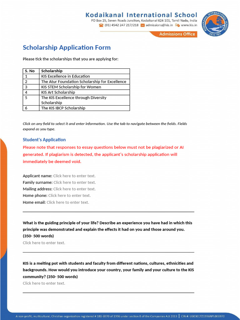 KIS Scholarship Application Form | PDF