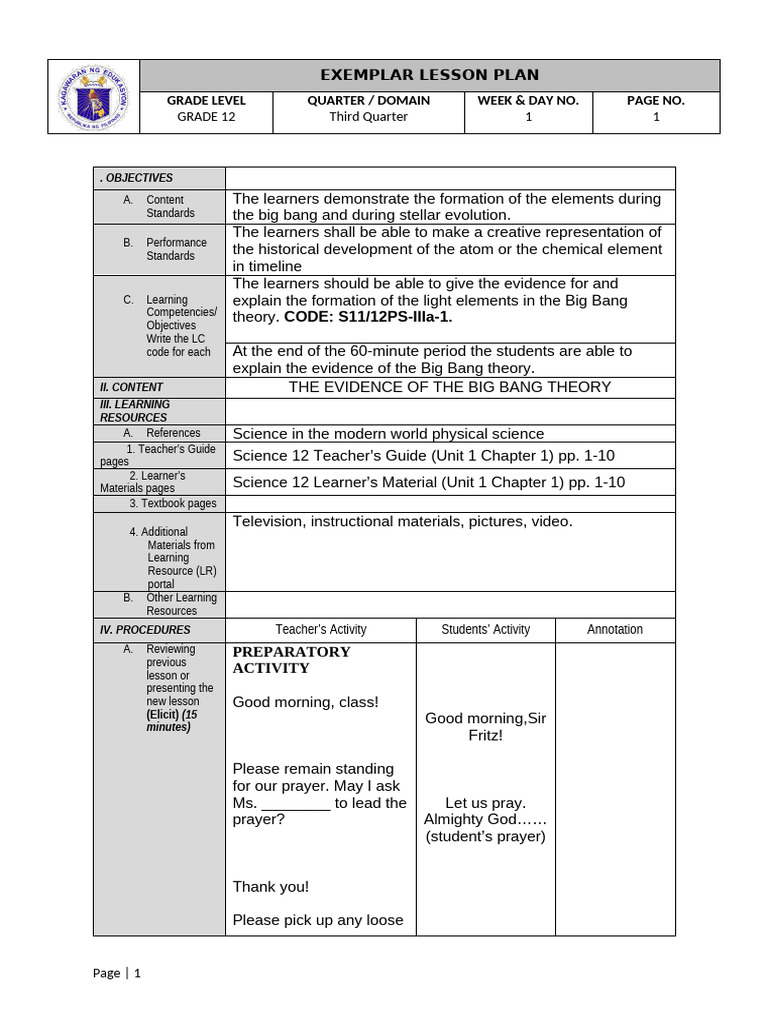 Dela Cruz Lesson Plan Final | PDF | Big Bang | Universe