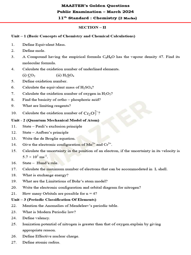 11th Standard Chemistry Exam Questions | PDF | Chemical Equilibrium ...