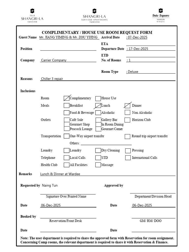 Complimentary Room Request Form | PDF