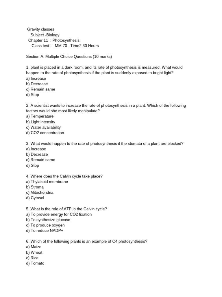 Photosynthesis Class Test Questions | PDF | Photosynthesis | Chloroplast