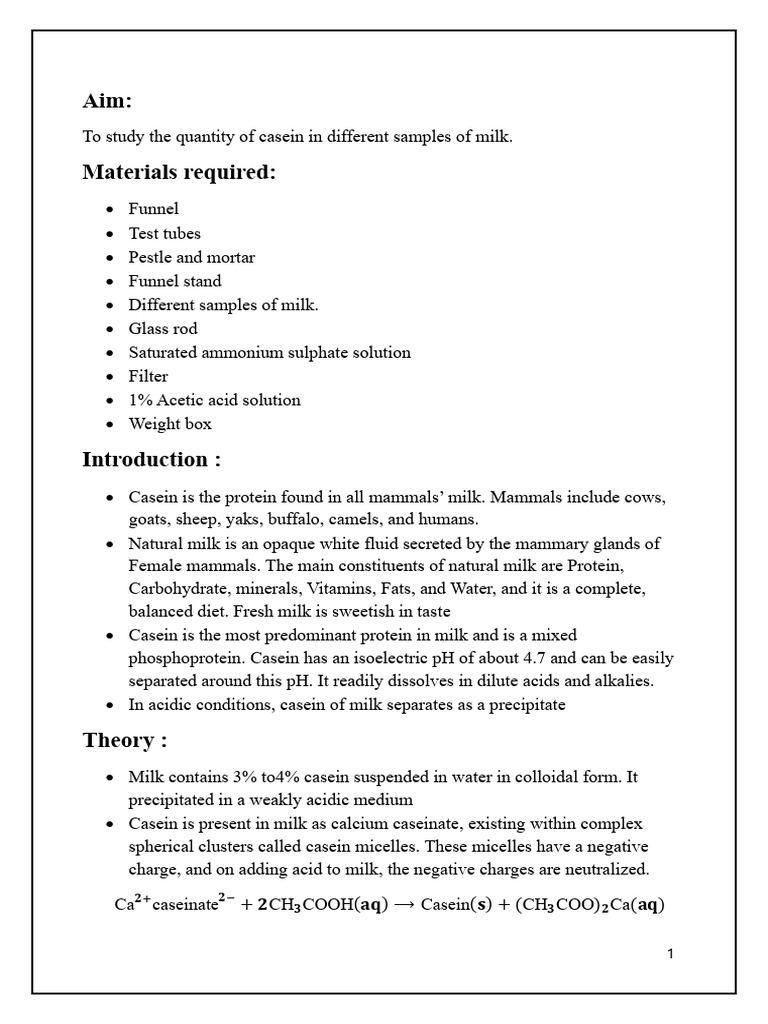Casein Content in Various Milk Samples | PDF | Milk | Chemistry
