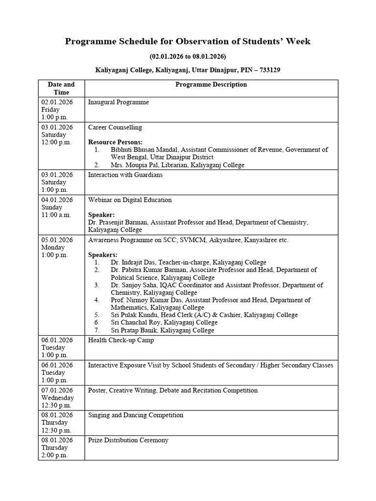 Programme Schedule For Observation of Students' Week (For Students ...