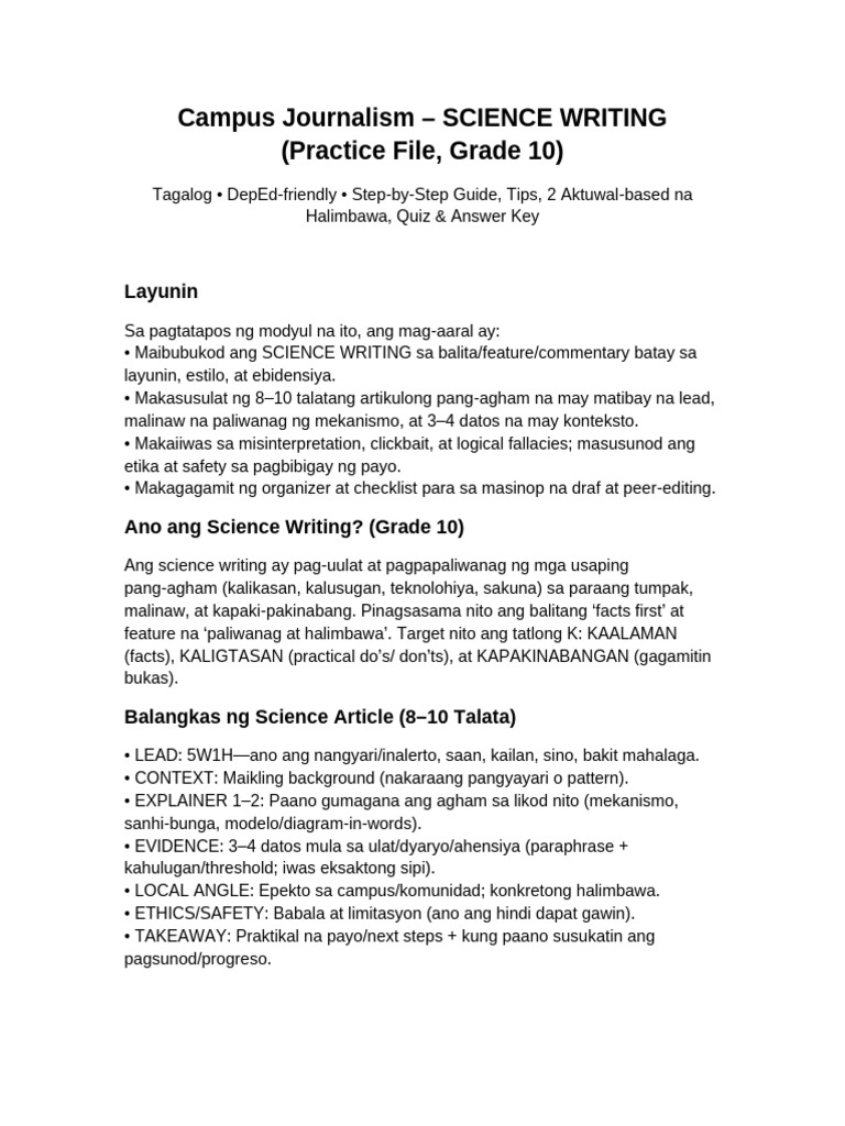 Campus Journalism Science Writing Practice Grade10 Tagalog | PDF
