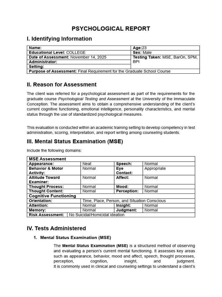 Sample Psychological Assessment Report | PDF | Emotional Intelligence ...