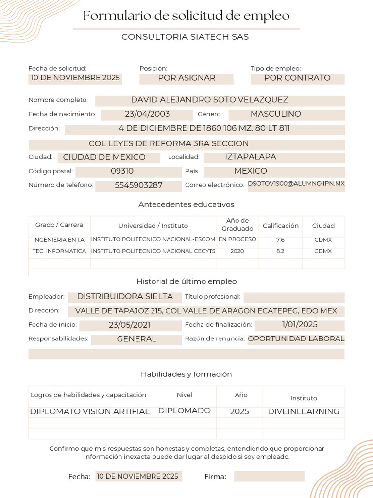 Formulario de Solicitud de Empleo 2025 | PDF