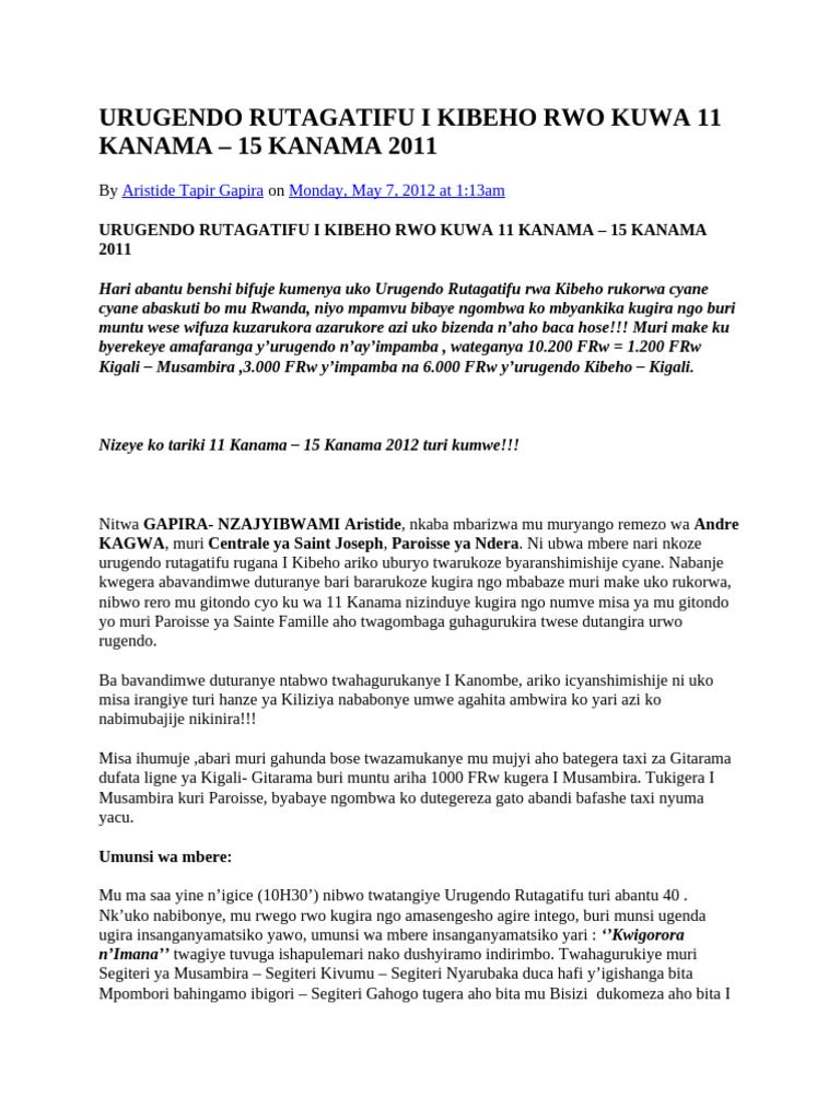 Urugendo Rutagatifu I Kibeho Rwo Kuwa 11 Kanama | PDF