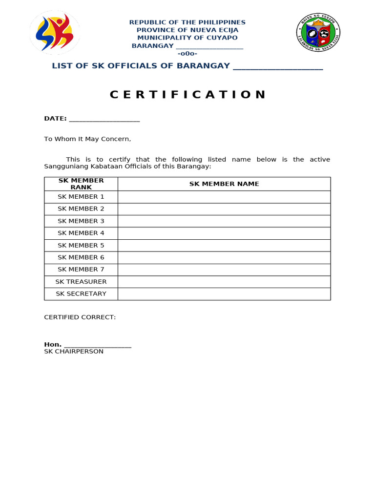 Barangay SK Officials Certification List | PDF