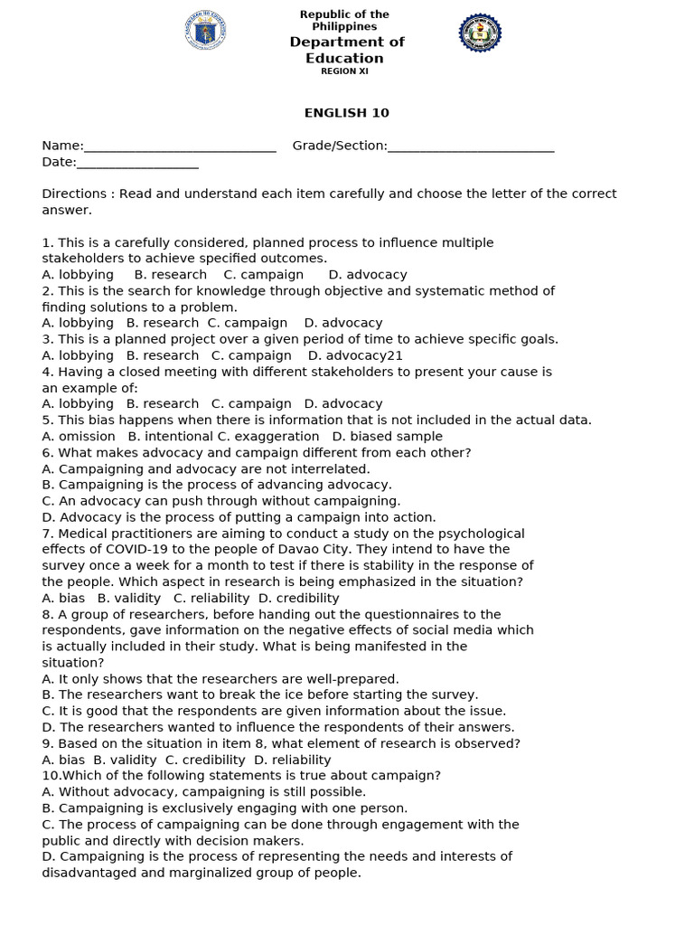 English 10 Advocacy and Research Quiz | PDF | Argument | Evidence