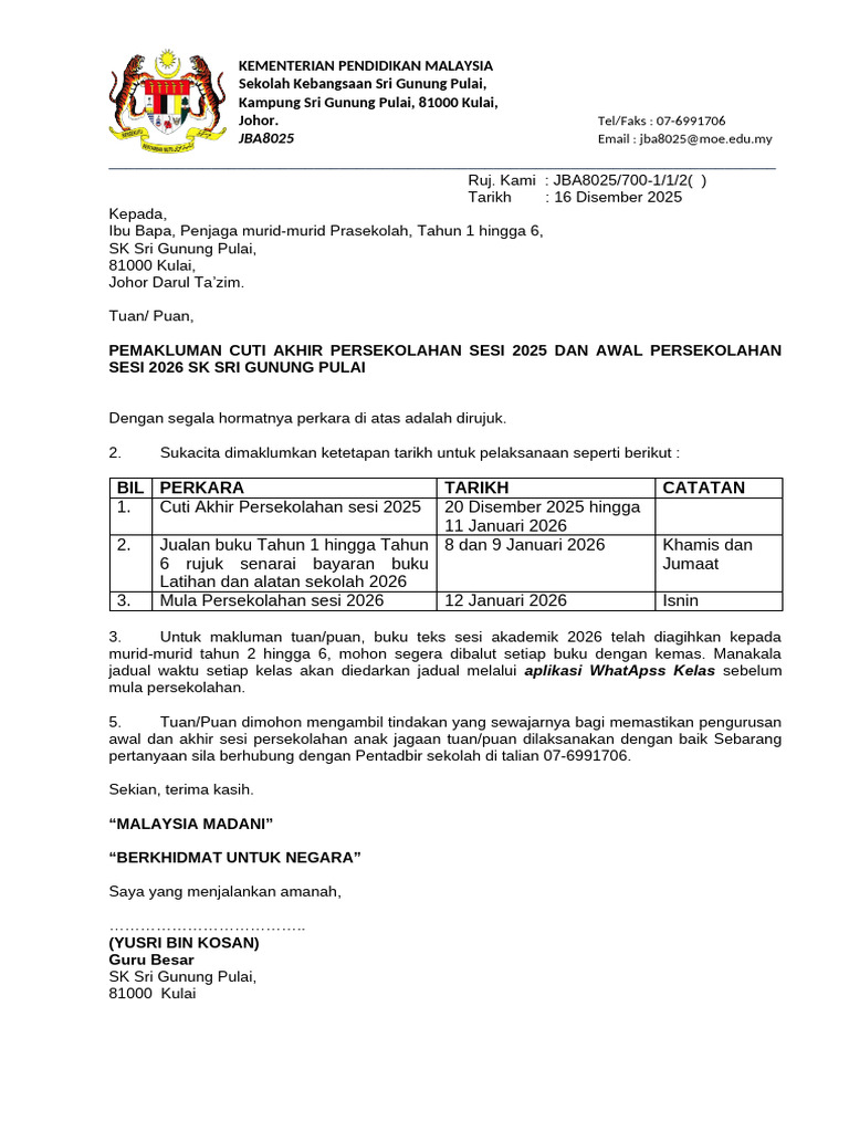 Surat Makluman Ibubapa Sekolah Sesi 2026 | PDF