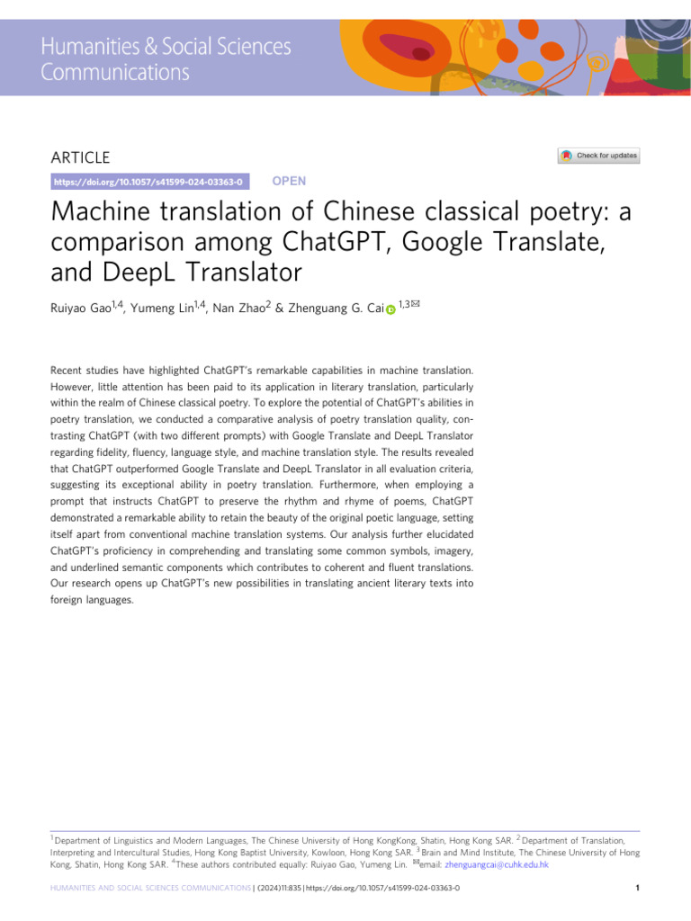 Machine Translation of Chinese Classical Poetry: A Comparison Among ...