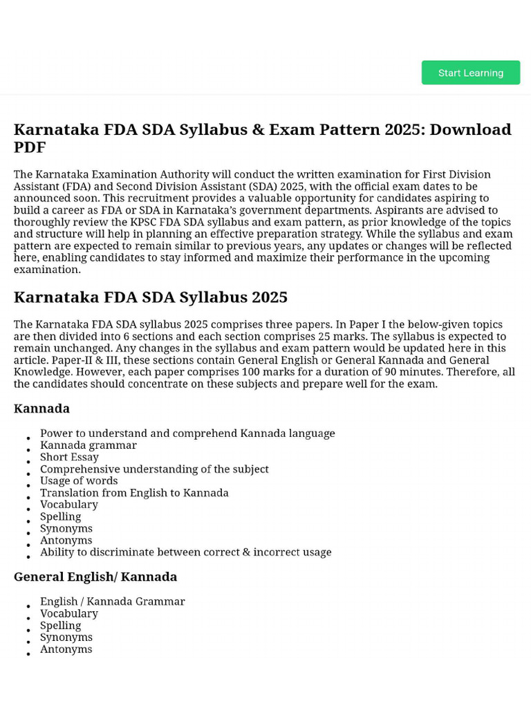 Karnataka FDA SDA Syllabus & Exam Pattern 2025 - Download PDF | PDF