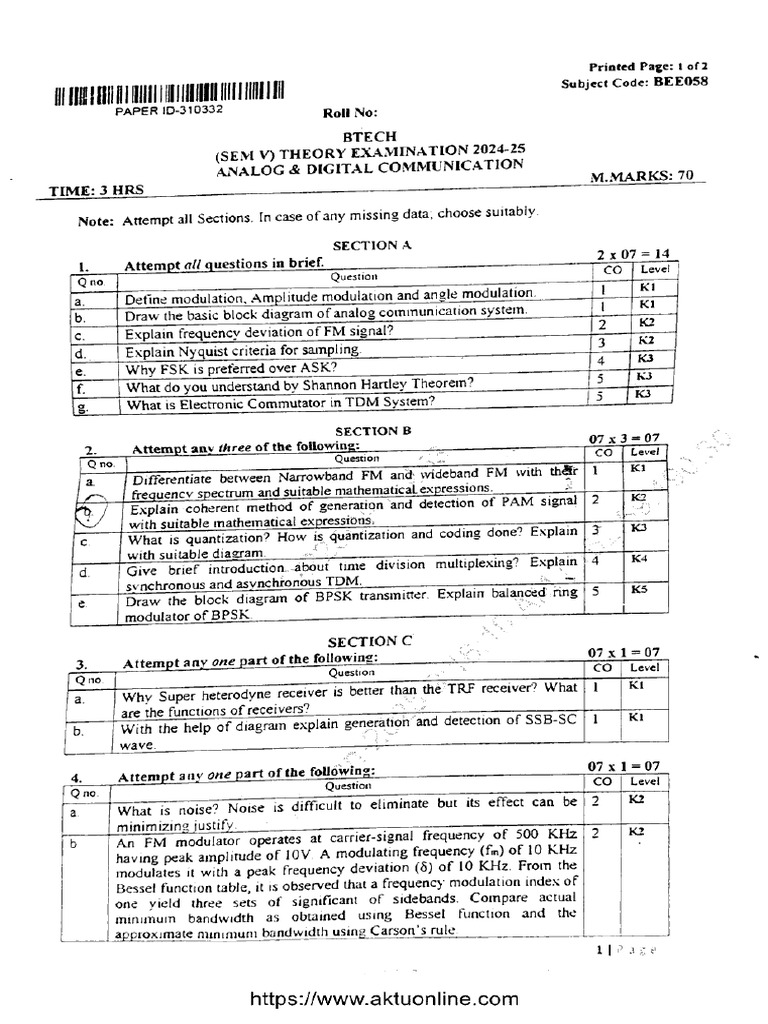 Btech Ee 5 Sem Analog and Digital Communication Bee058 2025 | PDF
