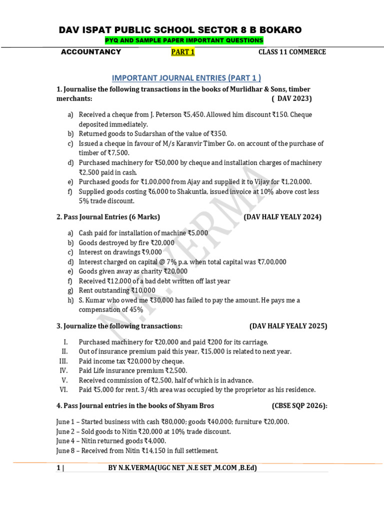 Important Journal Entries for Class 11 | PDF | Cheque | Interest