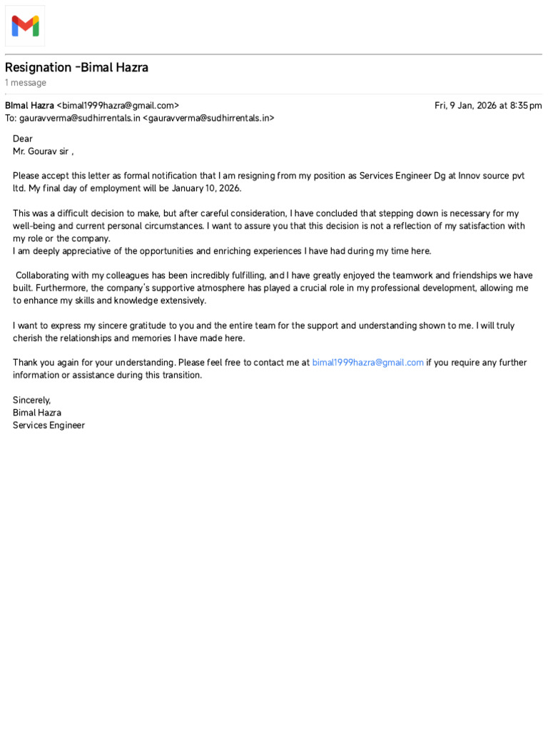 Bimal Hazra Resignation Letter | PDF