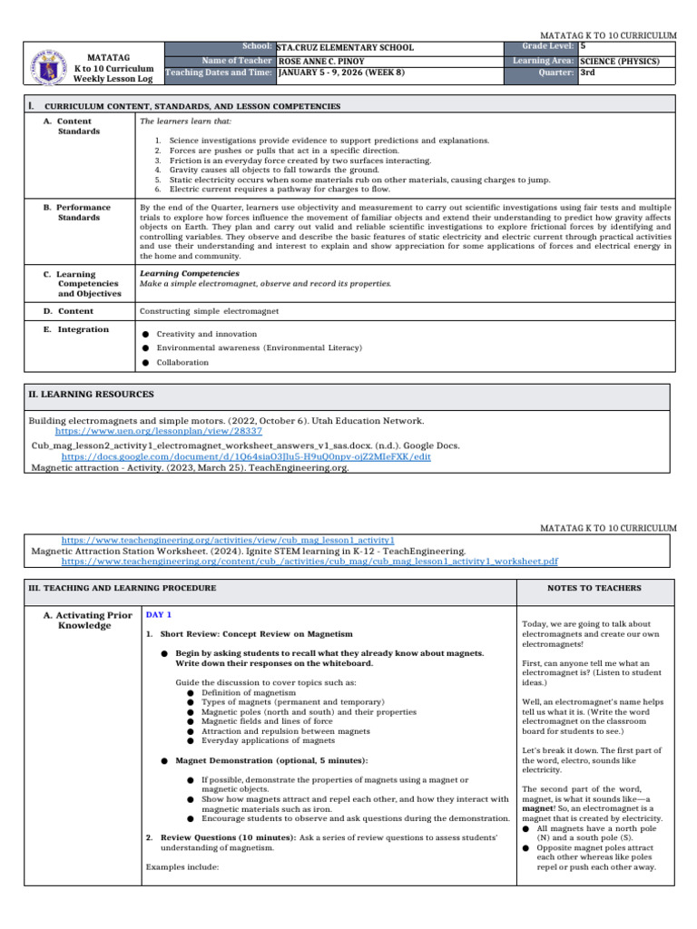 Grade 5 Science Weekly Lesson Plan | PDF | Atoms | Magnet