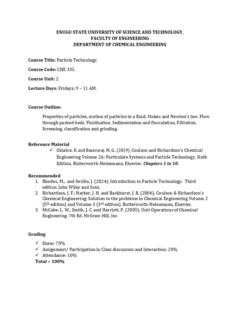 Particle Technology Course Outline and Assignment 2024 2025 | PDF ...