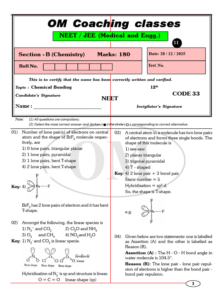 CODE_33_12th_NEET_KEY_28-12-2025 | PDF | Molecular Orbital | Chemical ...