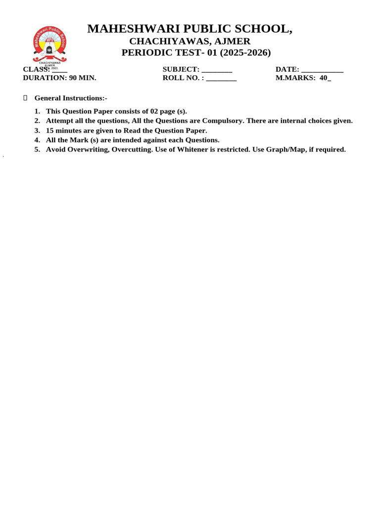 Maheshwari School Periodic Test 2025-26 | PDF