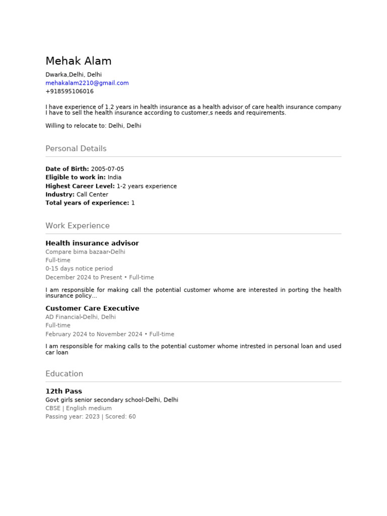 Health Insurance Advisor Resume | PDF