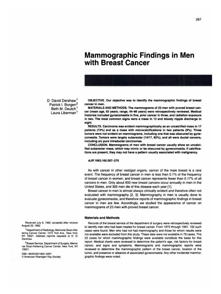 Liberman Et Al 2013 Mammographic Findings in Men With Breast Cancer ...