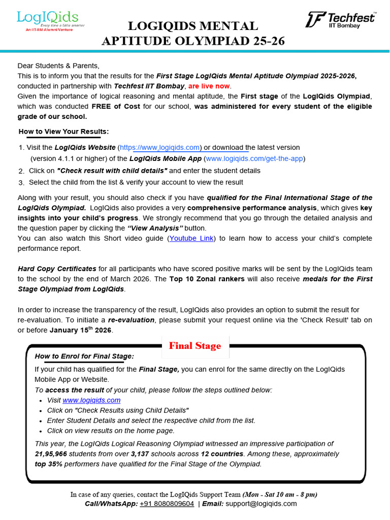 LogIQids Olympiad Results Guide 2025-26 | PDF