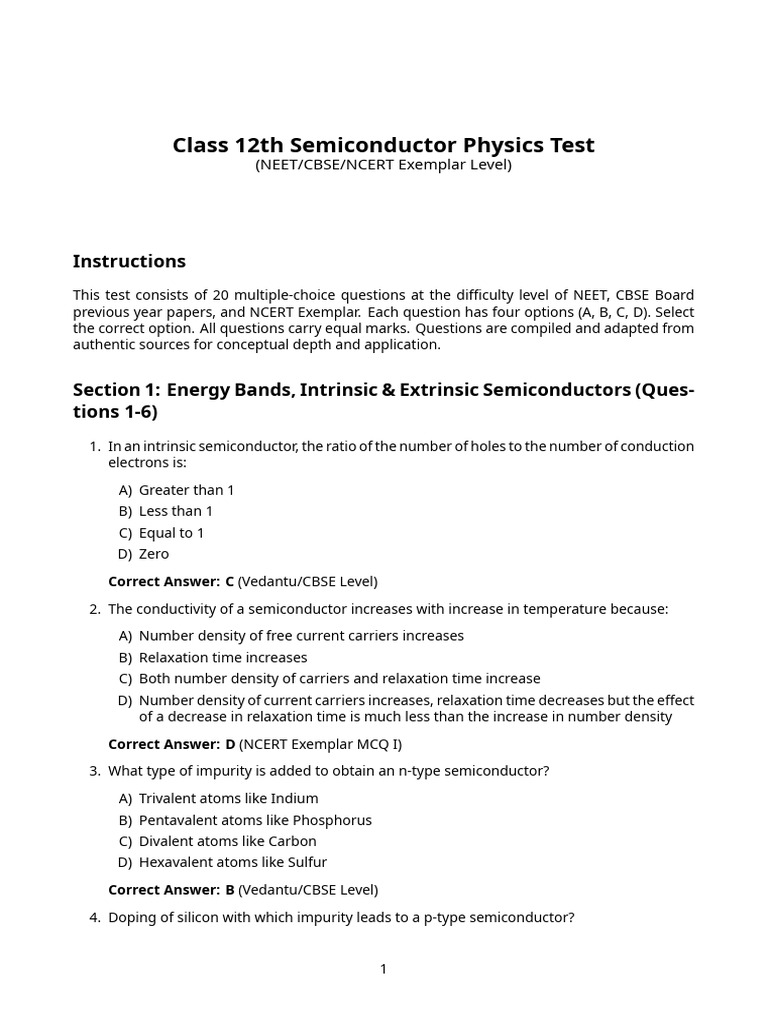 Class 12 Semiconductor Physics MCQs | PDF | P–N Junction | Doping ...