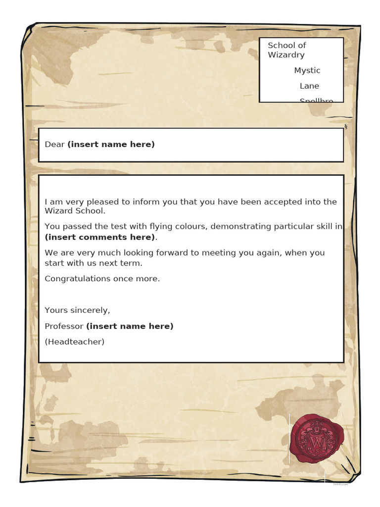 t2 t 10000329 Editable Wizard School Acceptance Letter | PDF