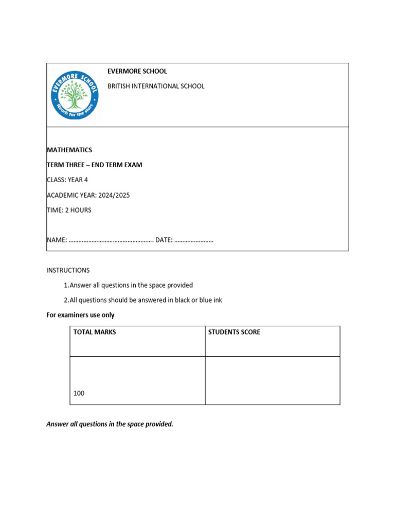 Year 4 Mathematics Exam Paper | PDF