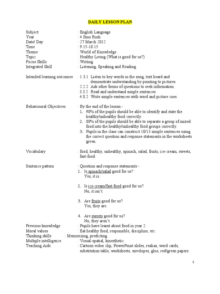 LP HEALTHY LIVING Healthy and Unhealthy Food | PDF | Lesson Plan | Teachers