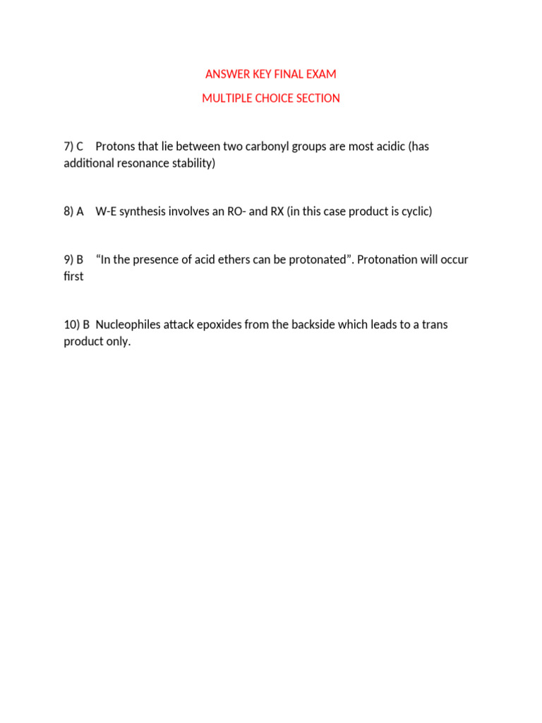 Answer Key Final Multiple Choice Section | PDF