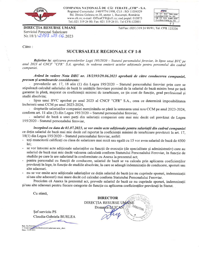 Act c.n.c.f. „Cfr-sa” Nr. 18-1-2193 Din 29.06.2023, Aplicare Statut | PDF