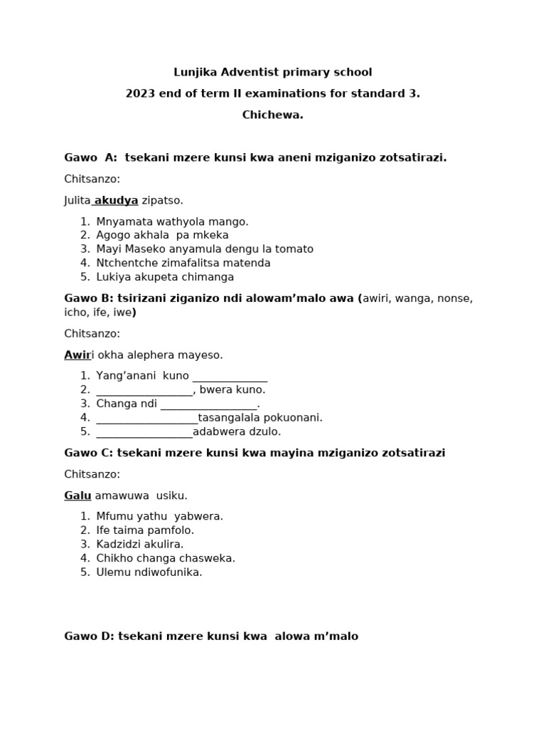 Chichewa std3 | PDF