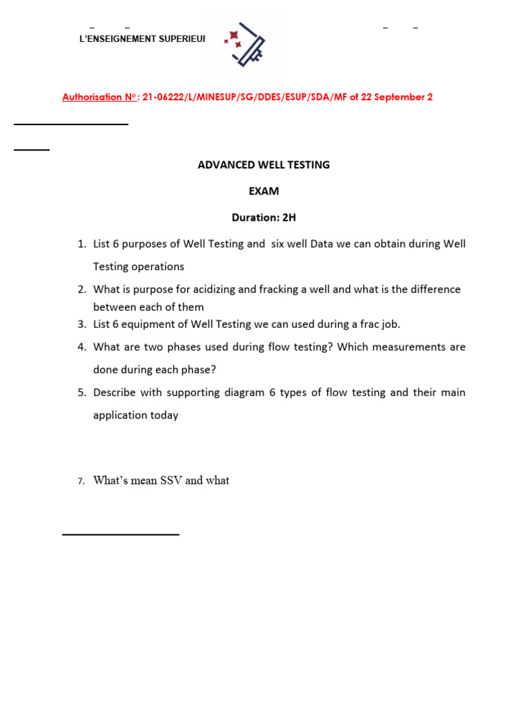 Advanced Well Testing Exam Guide | PDF | Petroleum Reservoir | Pressure