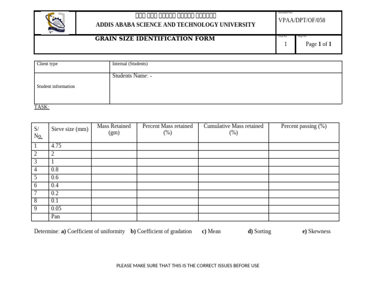 Grain Size Analysis Form Template | PDF