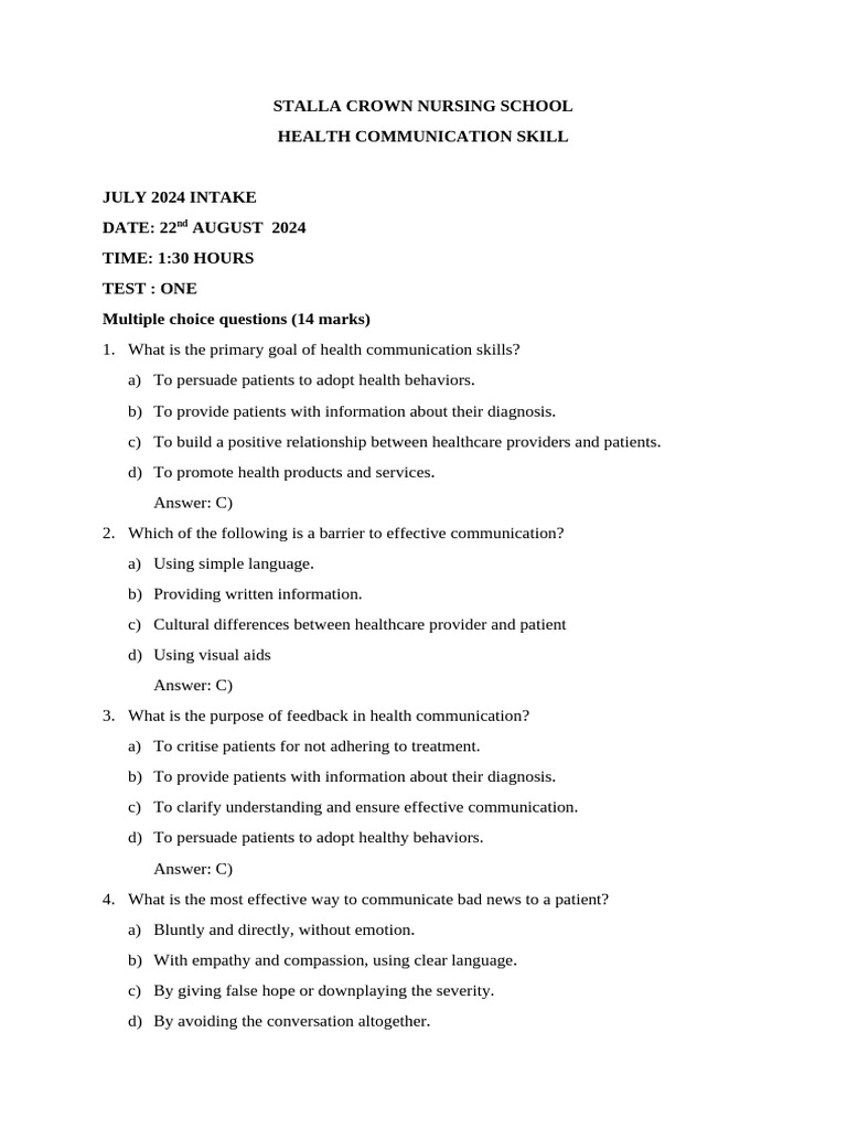 Health Communication Skills Questions | PDF | Communication | Anger