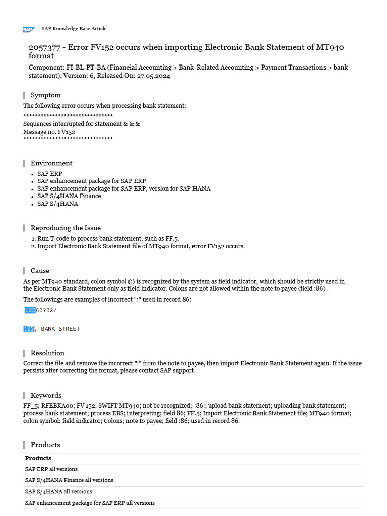 Fix FV152 Error in MT940 Bank Statement | PDF