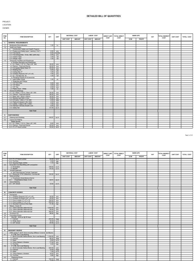 Detailed Bill of Quantities Blank Form Sample 02 B 251210 204541 | PDF ...