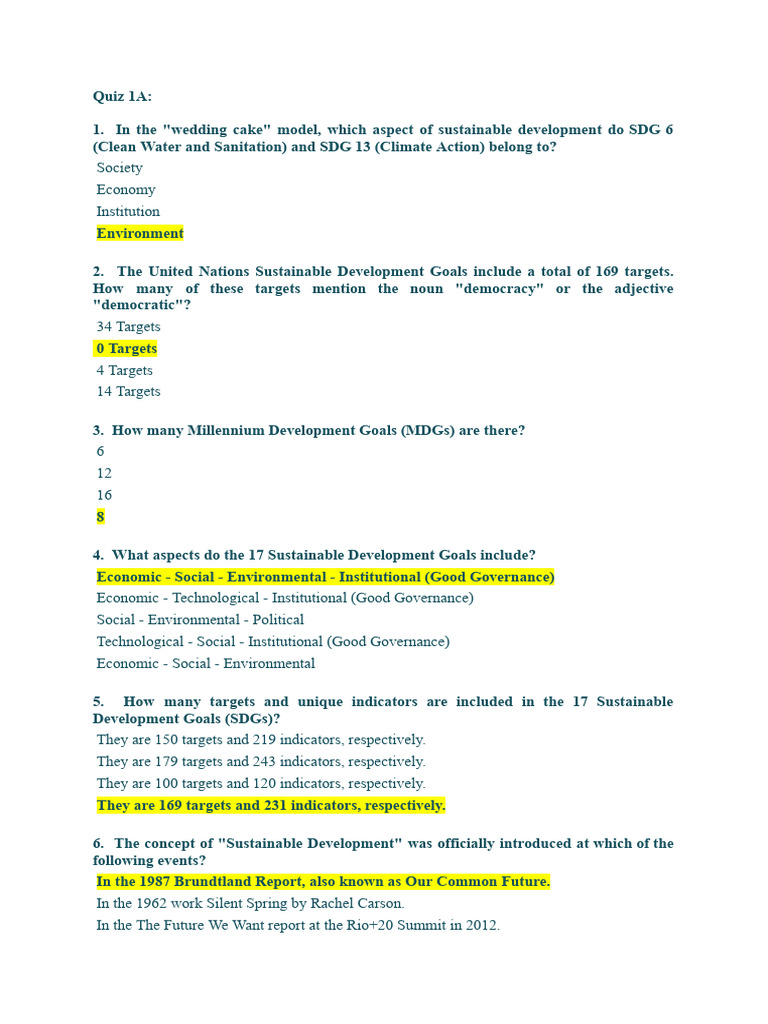 Sustainable Development Goals Quiz | PDF | Cost Of Living | Climate Change