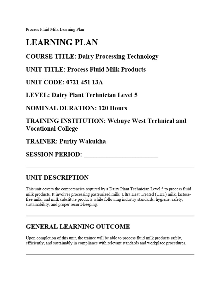Process Fluid Milk Learning Plan | PDF | Milk