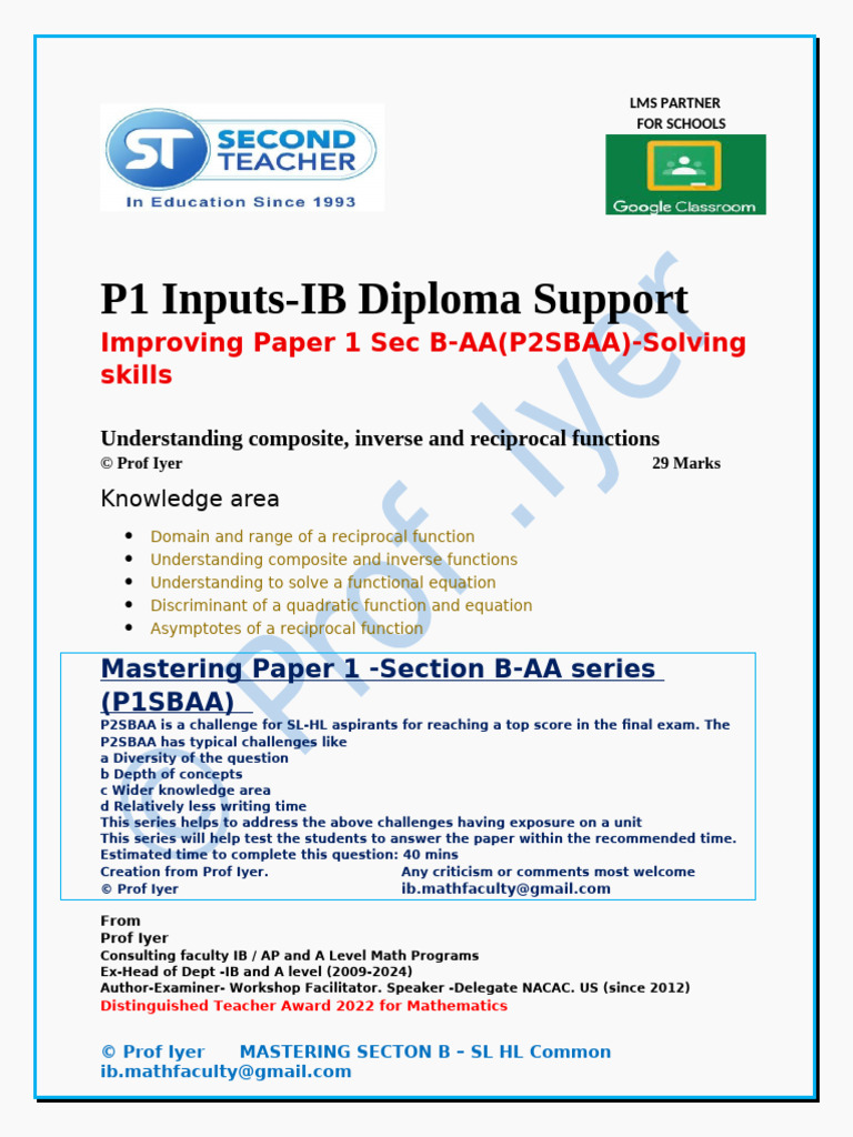 MASTERING SECTION B - IB Topicals - Composite and Inverse Functions SL ...