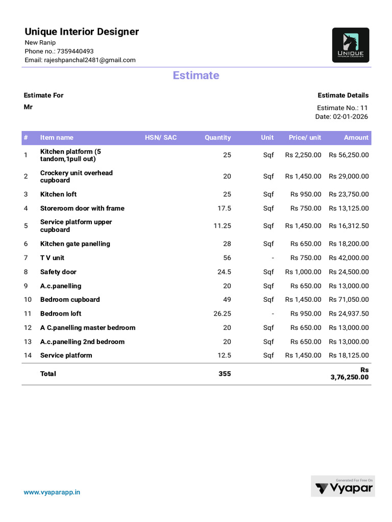 Interior Design Estimate Breakdown | PDF