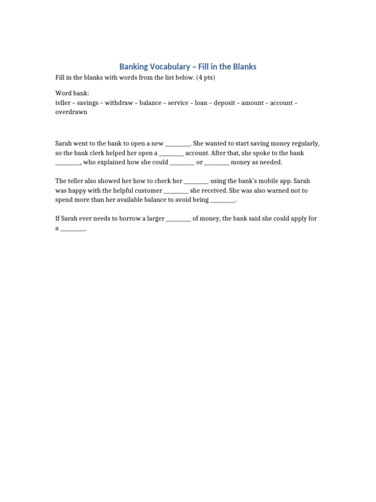 Banking Vocabulary Exercise | PDF