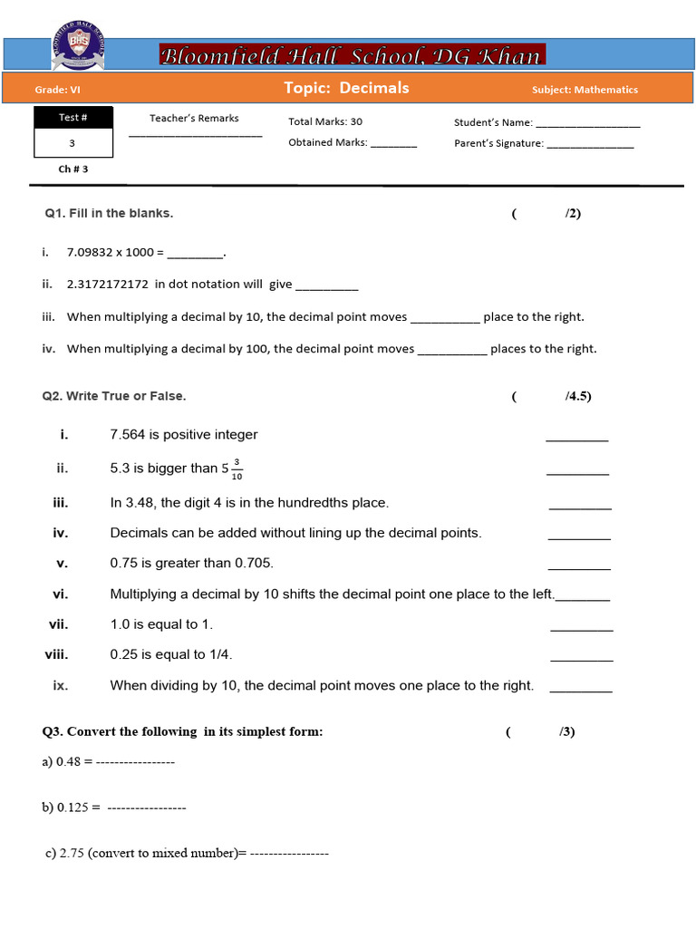 Mathematics Test on Decimals for Grade VI | PDF | Decimal | Notation
